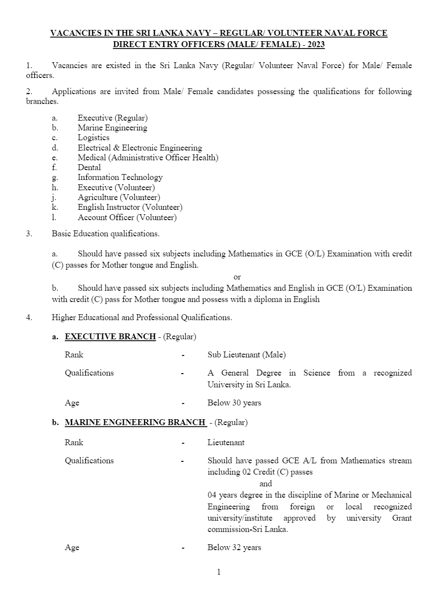 Direct Entry Officer – Sri Lanka Navy Job Vacancies 2024 - Tasty Learning