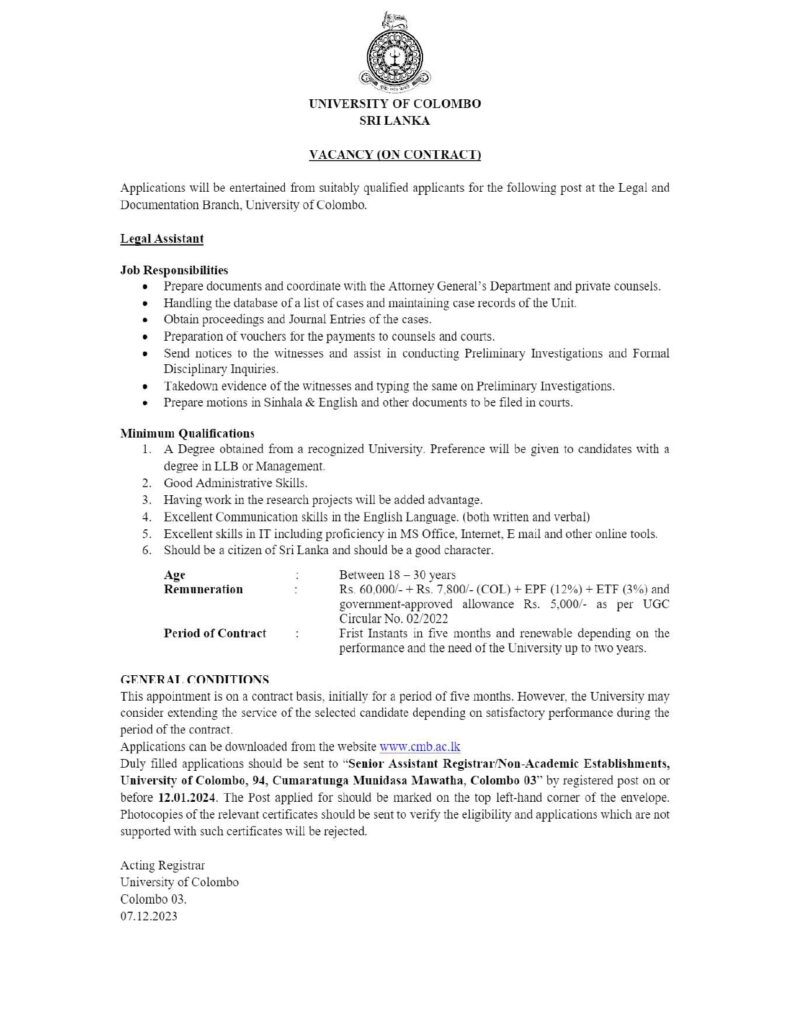 Legal Assistant – University of Colombo Job Vacancies 2024 - Tasty Learning