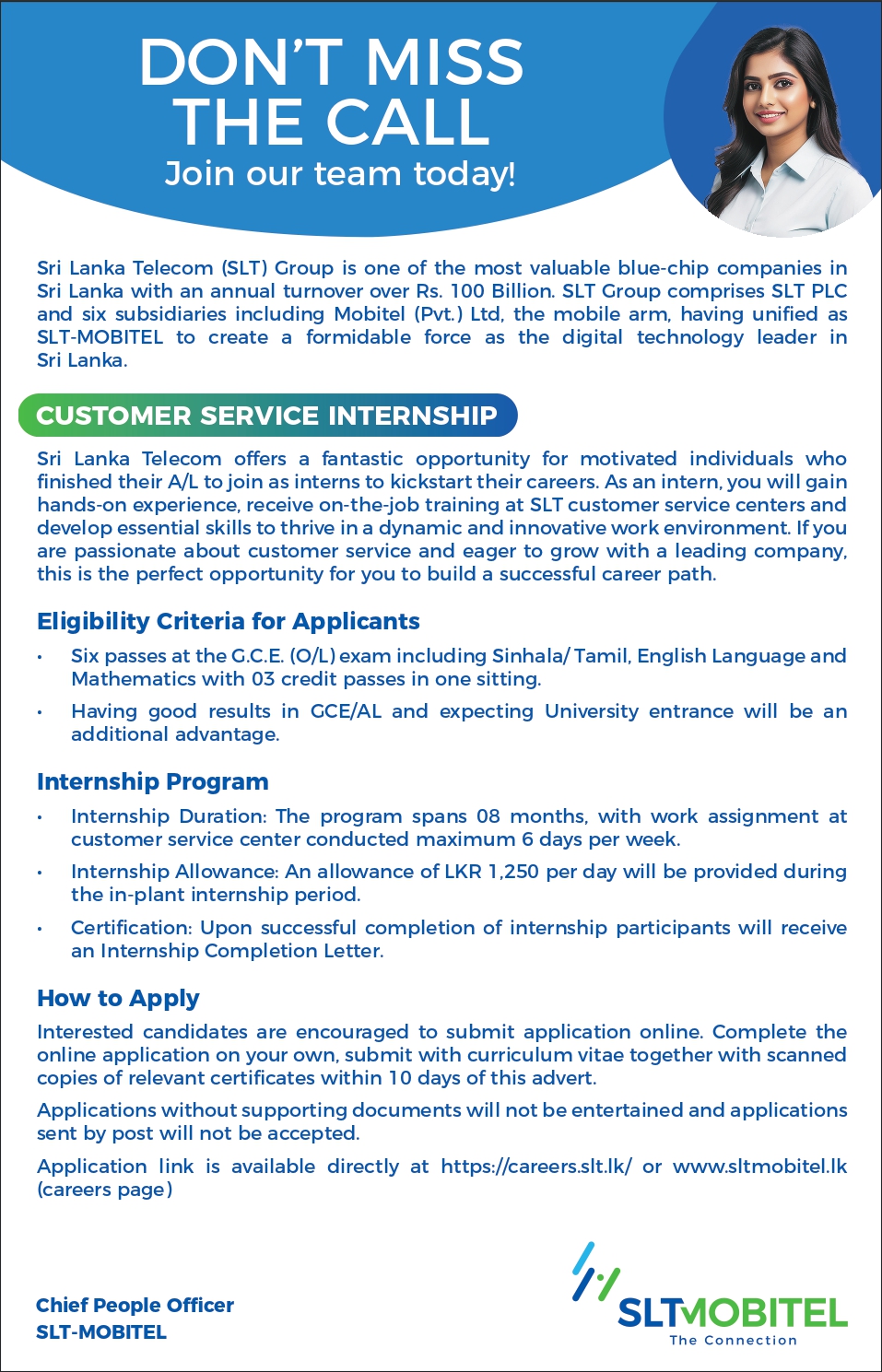 Customer Service Internship - Sri Lanka Telecom (SLT) Job Vacancies ...