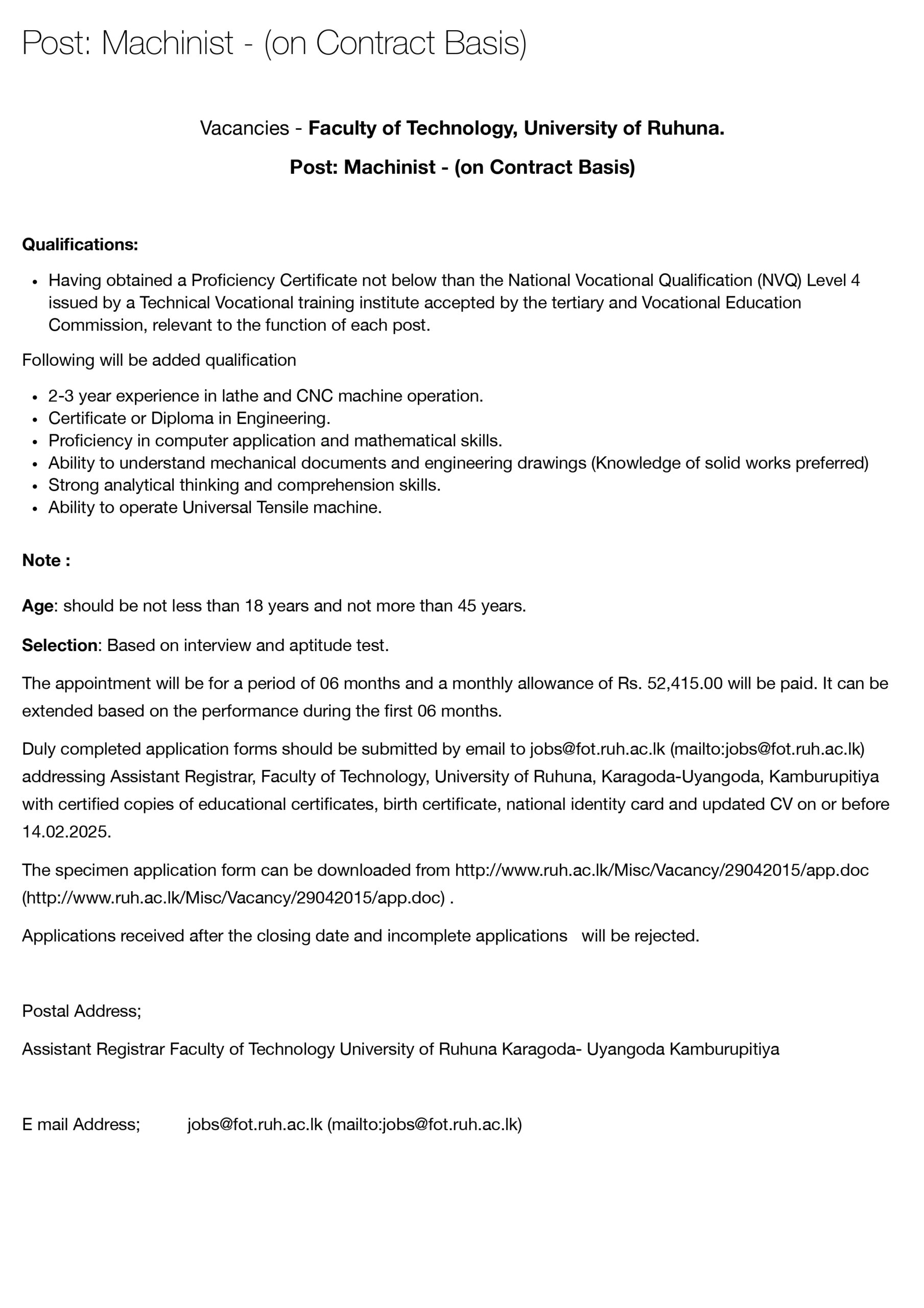 Mechanic – University of Ruhuna Job Vacancies 2025 - Tasty Learning