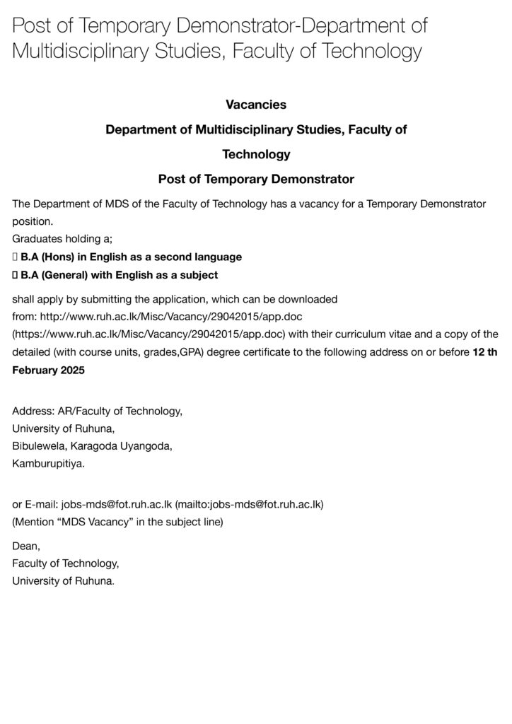 Temporary Demonstrator (Faculty of Technology) – University of Ruhuna ...