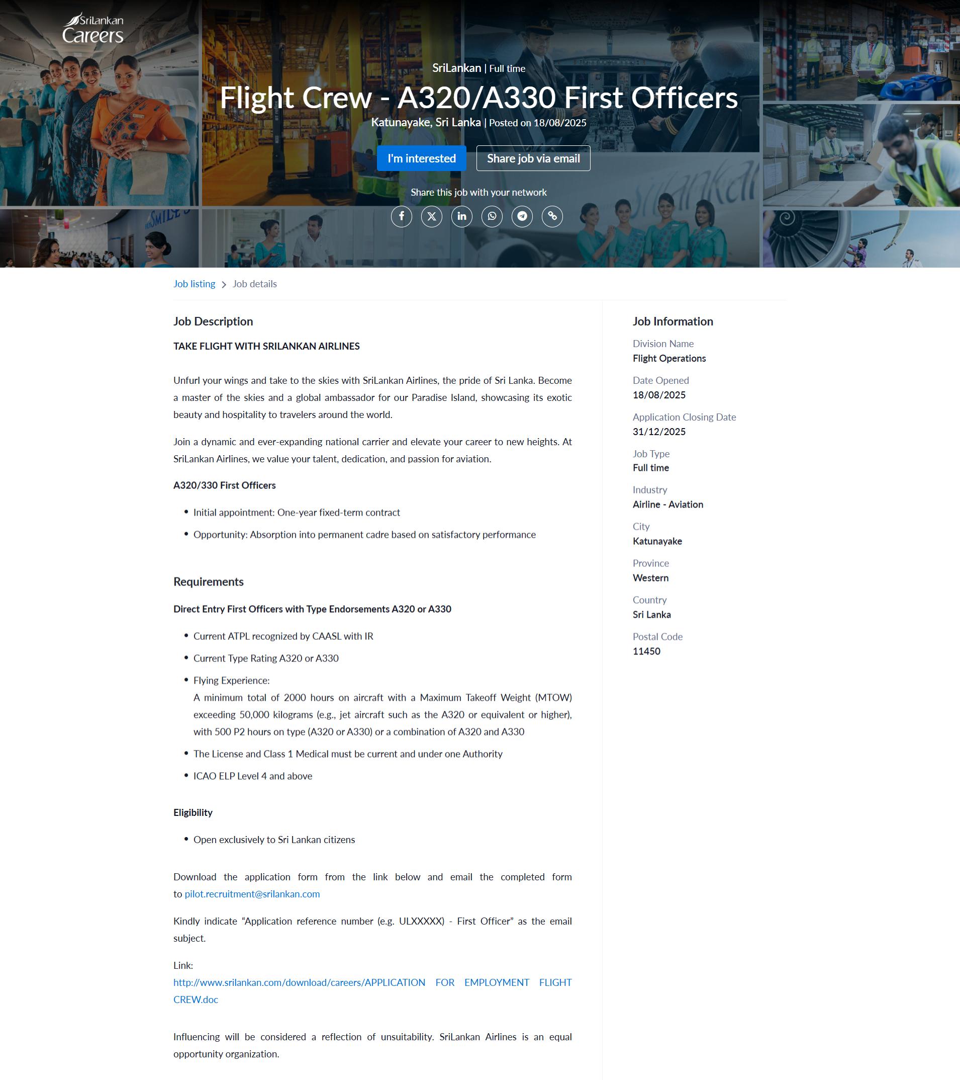 Flight Crew – Sri Lankan Airlines Job Vacancies 2025 - Tasty Learning